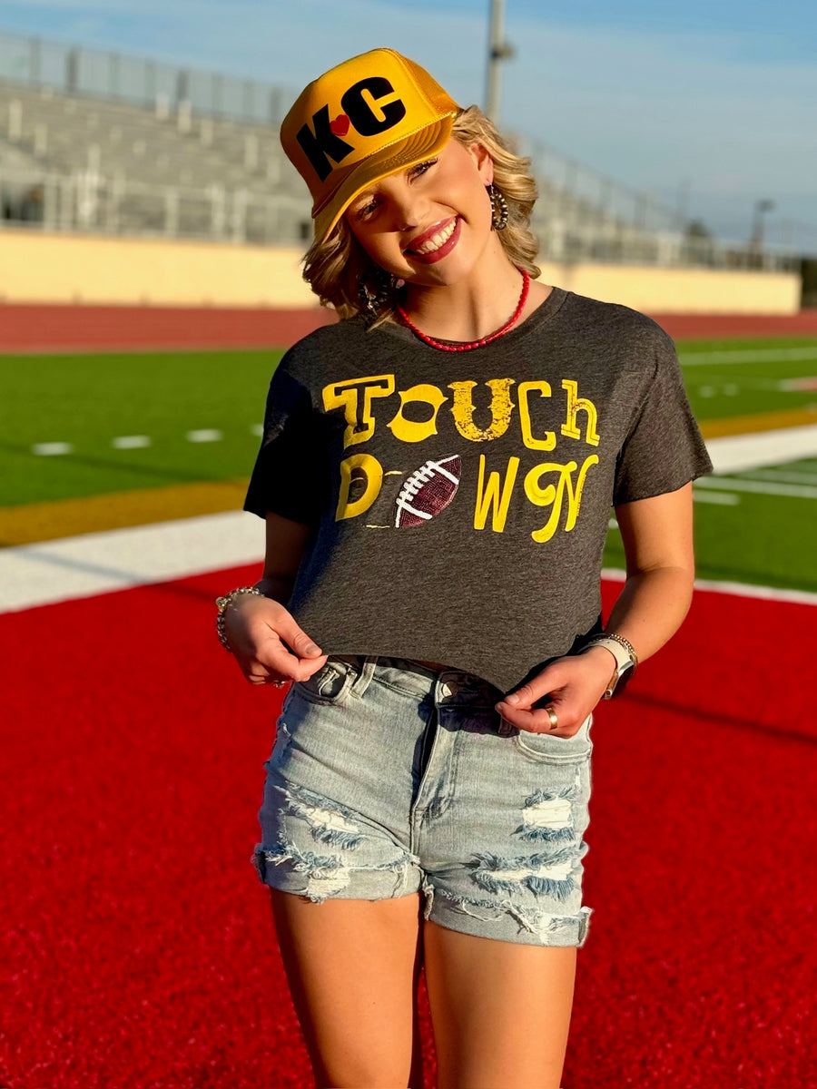 Gold Touchdown with Red Sequin Football by Randi Mahomes – Texas True ...