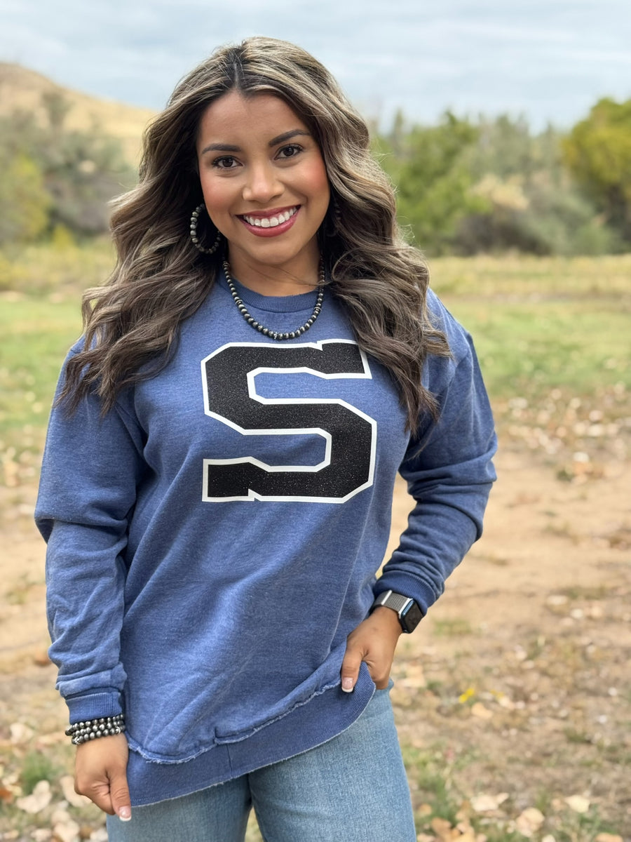 Collegiate Letter in Glitter on Poncho Sweatshirt – Texas True Threads